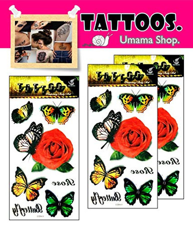 Umama Tattoos 3 Sheets Watercolor Butterfly Red Roses Temporary Tattoo ...