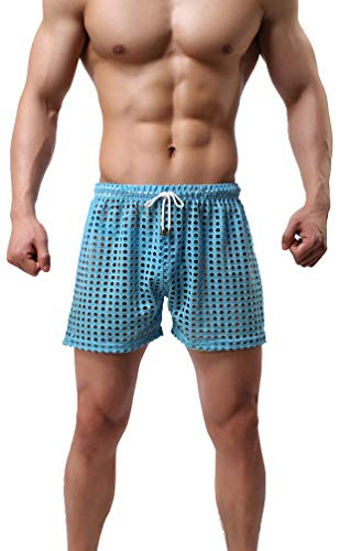 Linemoon Men's Mesh Shorts Sexy Lounge Hollow Boxer Underwear Blue ...