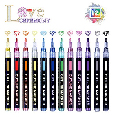 Double Line Markers Glitter Outline Pens?12 Colors Self-outline ...