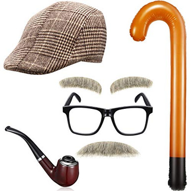 6 Pieces Old Man Kids Costume Kit Grandpa Accessories Men Beret Hat ...