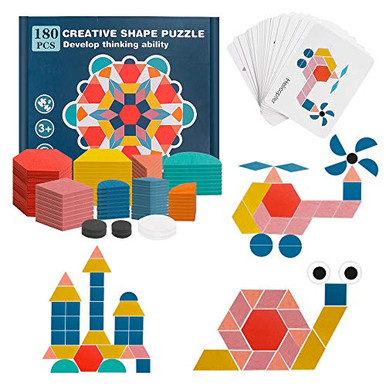 RAEQKS 180Pcs Wooden Pattern Blocks Set Brain Teaser Puzzle Tangrams ...