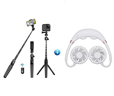 Selfie Stick Tripod and Massage Neck Fan Bundle for Taking Cool Selfie ...