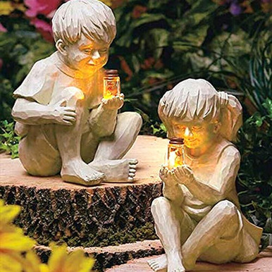 Garden Children Statue Solar Lighted Firefly Jar Boy Girl Statue ...