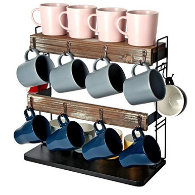J JACKCUBE DESIGN Rustic Wood Countertop 2 Tier Coffee Mug Cup Rack ...