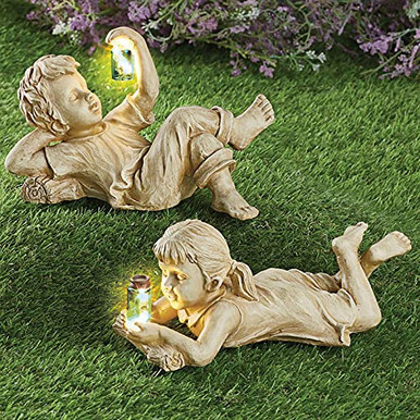 A Kid with Fireflies Jar Garden Statues Cute Garden Children Solar ...