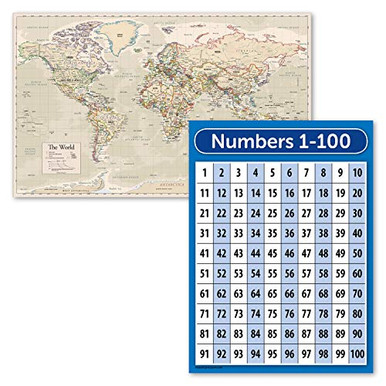 2 Pack - Antique Style World Map Poster and Numbers 1-100 Math Chart ...