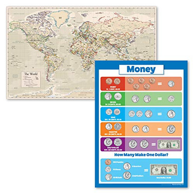 2 Pack - Antique Style World Map Poster Plus USA Money Chart for Kids ...