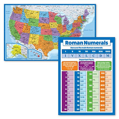 2 Pack - USA Map Poster -Blue Ocean- and Understanding Roman Numerals ...