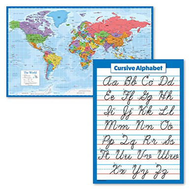 2 Pack - World Map Poster -Blue Ocean- and Cursive Handwriting ABC ...
