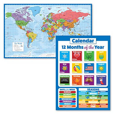 2 Pack - World Map Poster -Blue Ocean- and Days of The Week Plus Months ...