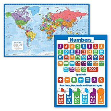 2 Pack - World Map Poster -Blue Ocean- and Math Basics Chart -Laminated ...