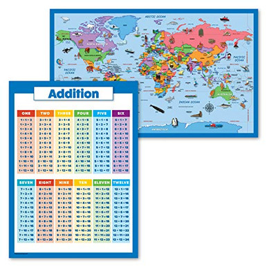 2 Pack - World Map Poster for Kids -Illustrated- Plus Addition Math ...