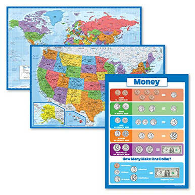 3 Pack - World and USA Map Poster Set -Blue Ocean- Plus USA Money Chart ...