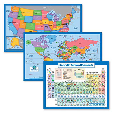 3 Pack - World Map and USA Map for Kids Plus Periodic Table of The ...