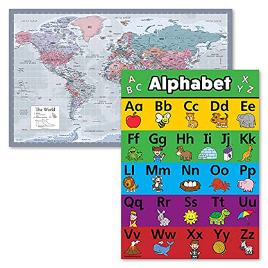 World Map -Purple- and ABC Alphabet Chart for Kids - Set of 2 Posters ...