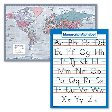 World Map -Purple- and Manuscript Handwriting ABC Alphabet Chart for ...