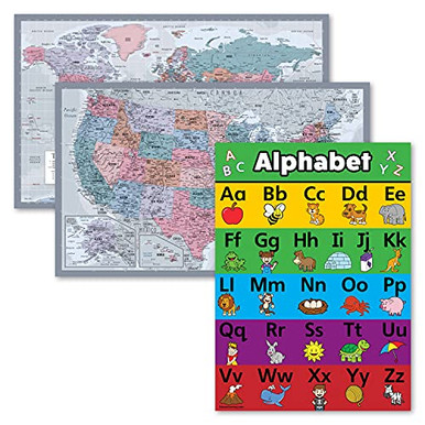3 Pack - World and USA Map Chart -Purple- Plus ABC Alphabet Poster for ...