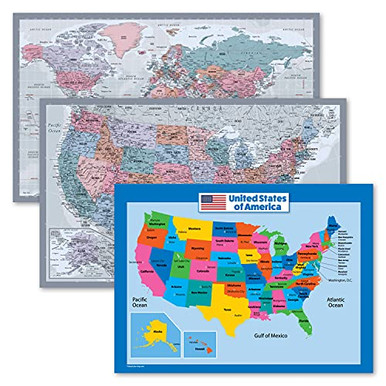 3 Pack - World and USA Map Chart -Purple- Plus USA Map for Kids -18x24 ...