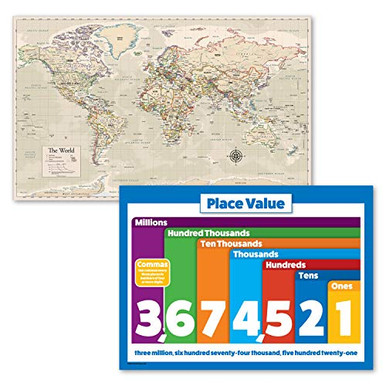2 Pack - Antique Style World Map Poster and Understanding Place Value ...