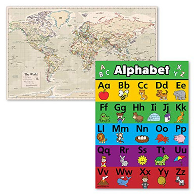 2 Pack - Antique Style World Map Poster Plus ABC Alphabet Chart for ...