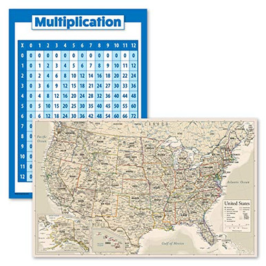 2 Pack - Multiplication Table Poster and Antique Style USA Map Chart ...