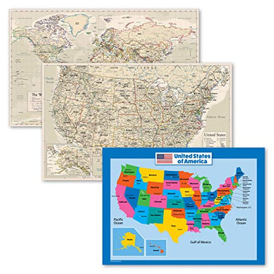 3 Pack - Antique Style World and USA Map Poster Set Plus USA Map Chart ...