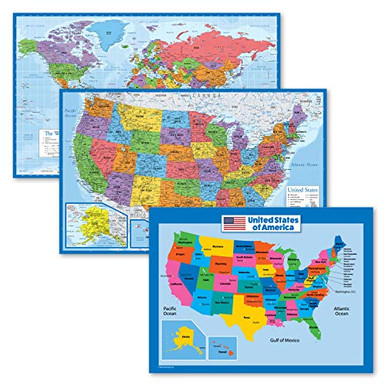 3 Pack - World and USA Map Poster Set -Blue Ocean- Plus USA Map Chart ...