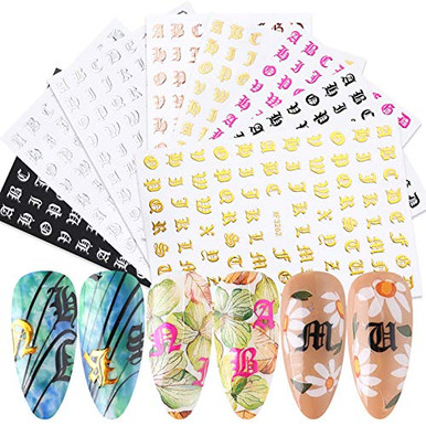 8 Sheets Letters Nail Art Stickers-3D Self-Adhesive 8 Color Abstract ...