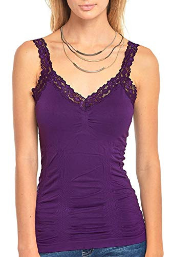 Women's Seamless Wrinkled Lace Trim Camisole Tank Top Purple ...