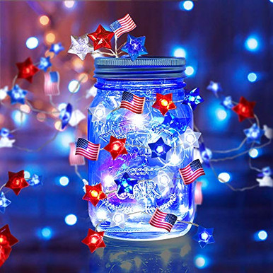 4th of July Star American Flag String Lights- 10 Ft 30 LEDs Red Blue ...