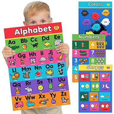 4 Pack - Alphabet Posters for Preschoolers - Numbers - Shapes - Colors ...