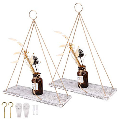 2Pcs Rustic Shelf Wooden Floating Shelves with String Rope Hanging ...