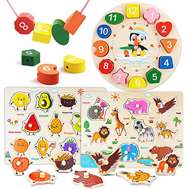 Wooden Shape Color Sorting Clock Puzzles for Toddler- Cognitive ...