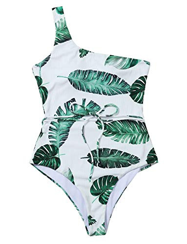 Romwe Women's Boho One Piece Swimsuit One Shoulder Plant Print Swimwear ...