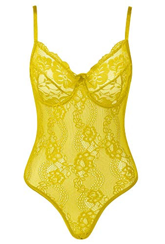 Joyaria Sexy Lace Thong Bodysuit Lingerie One Piece Teddy For Women Yellow Medium