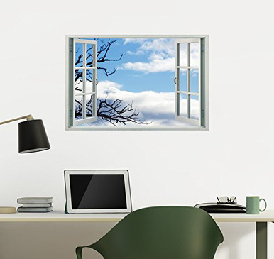 Walls 360 Peel and Stick Faux Window Wall Decal Tree Branch with Clouds ...