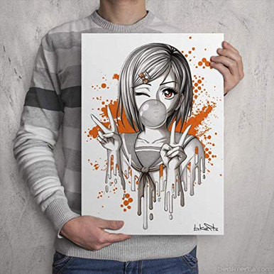 BUBBLEGUM ANIME GIRL PRINT- Kawaii Candy Orange and Grey - Cute ...