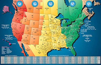 North America Satin Finish Full Color Time Zone Area Code Map with ...