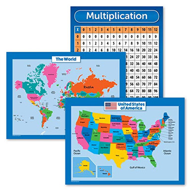 3 Pack - USA and World Map for Kids plus Multiplication Table Poster ...