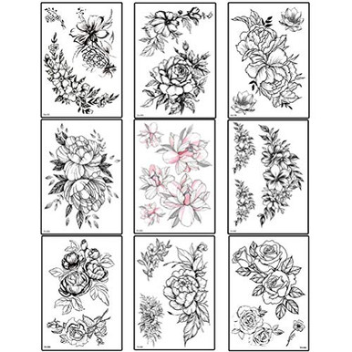 pengxiaomei 9 pcs Flowers Temporary Tattoos Waterproof Sexy Temporary ...