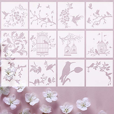 12 Pieces Birds Stencils Birds Tree Branches Flower Stencil Bird Cage ...