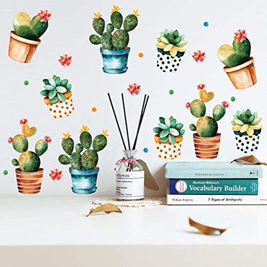 Cactus Wall Sticker Potted Green Plants Wall Decal for Bedroom 6 Sheets ...