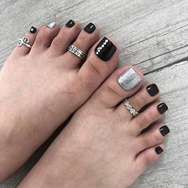 Ajacry Glitter Fake Toenails Black False Toenail Glossy Press on ...