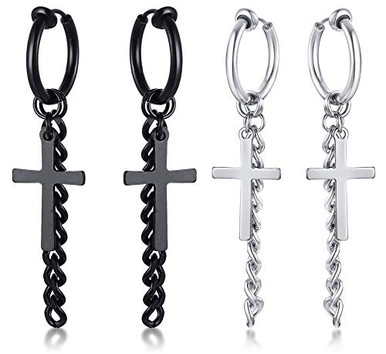2 Pairs Punk Hip Hop Style Stainless Steel Non-Piercing Dangle Cross ...