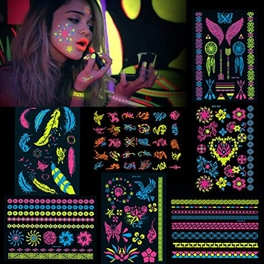 HOWAF 7 Large Sheets Neon Temporary Tattoos 100 plus Shimmer Designs ...