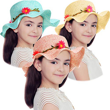 3 Pieces Girls Sun Straw Hats Wide Brim Summer Hat Woven Straw Flower ...