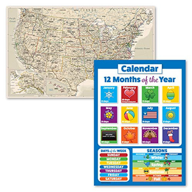 2 Pack - Antique Style USA Map plus Days of The Week and Months of The ...