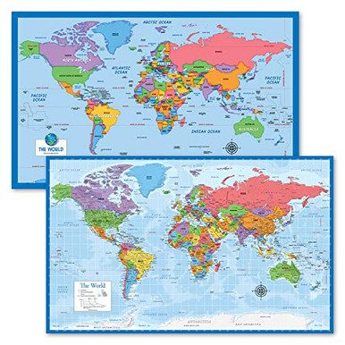 2 Pack - World Map for Kids plus Blue Ocean World Map -Laminated 18" x ...