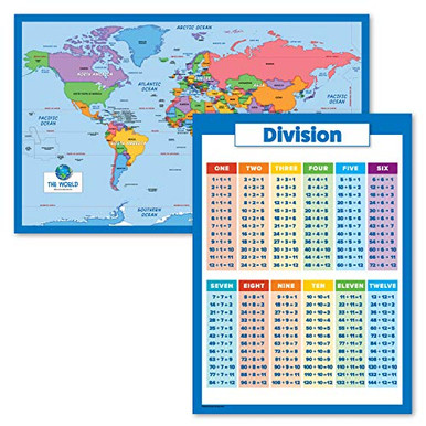 2 Pack - World Map for Kids plus Division Math Poster -Laminated 18" x ...