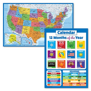 2 Pack - USA Map Poster -Blue Ocean- and Days of The Week plus Months ...